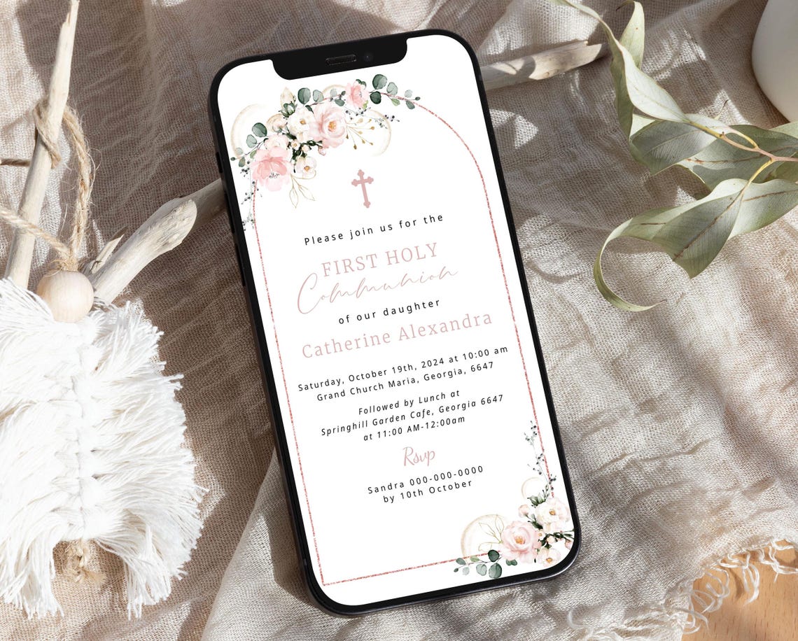 Digital First Holy Communion Text Invitation Template Rustic Pink ...
