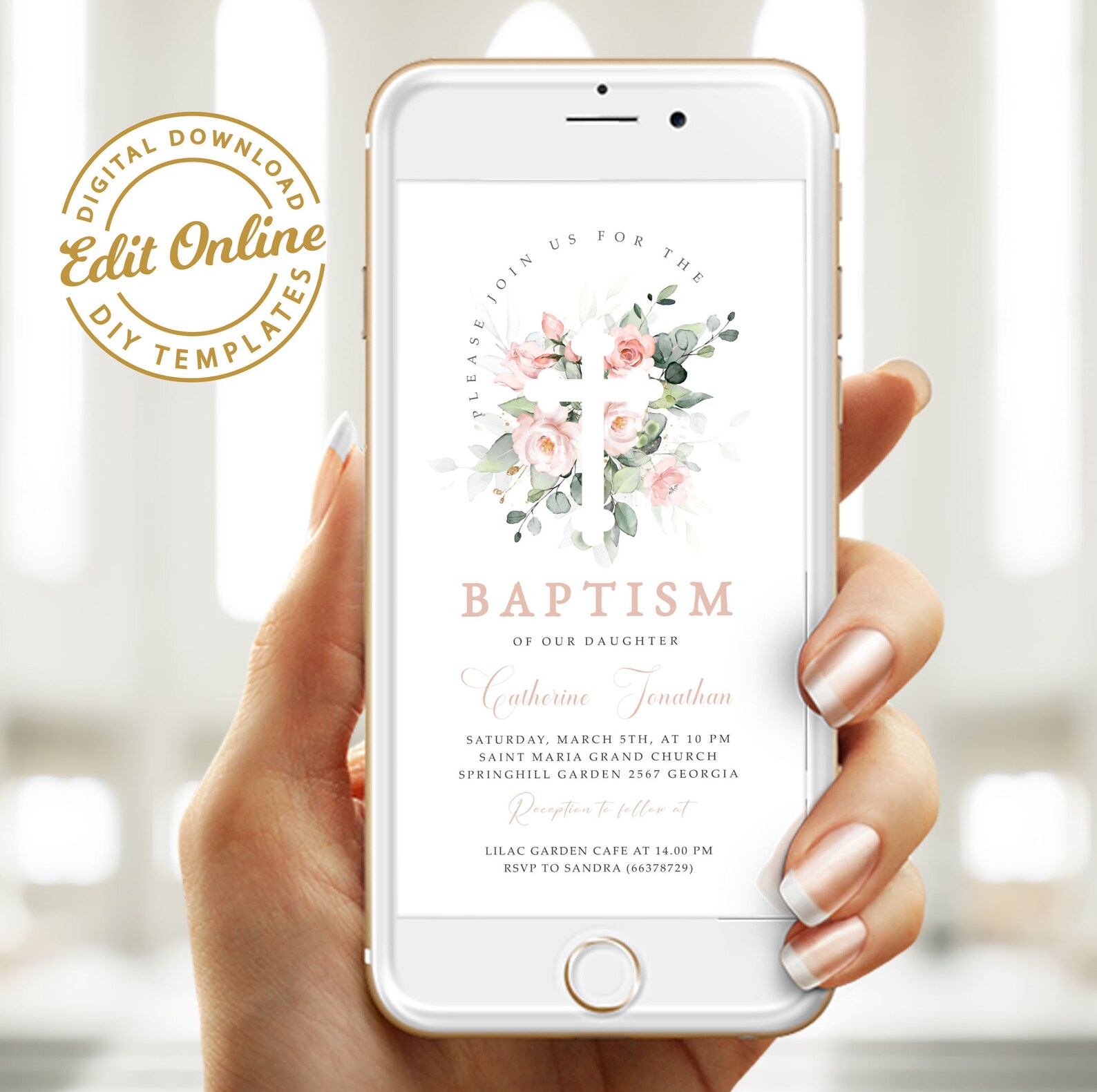 Digital Baptism Text Invitation Template, Pink Flowers With Cross, Pink ...
