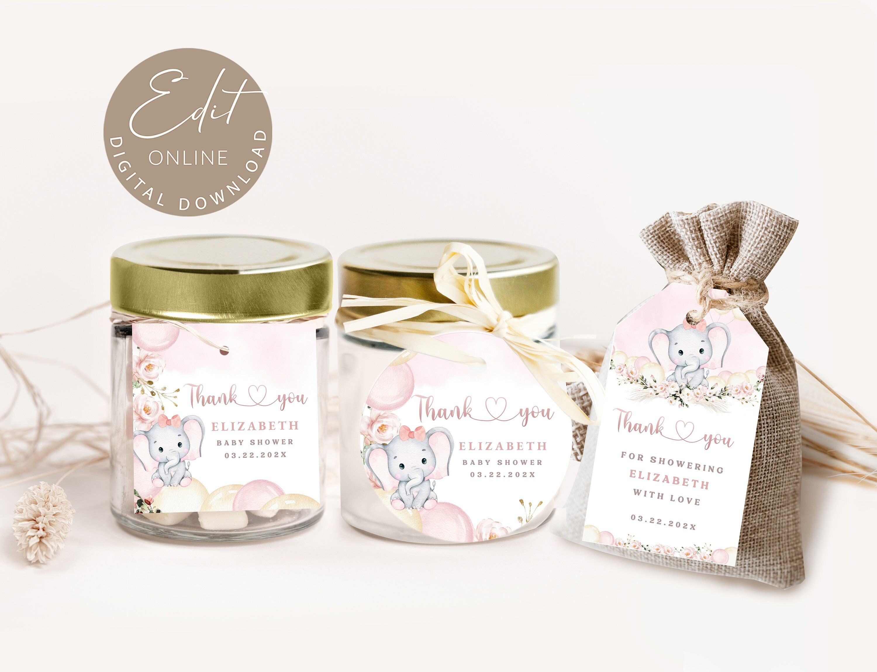 Editable Elephant Baby Shower Favors Pink Thank You Tag Printable ...