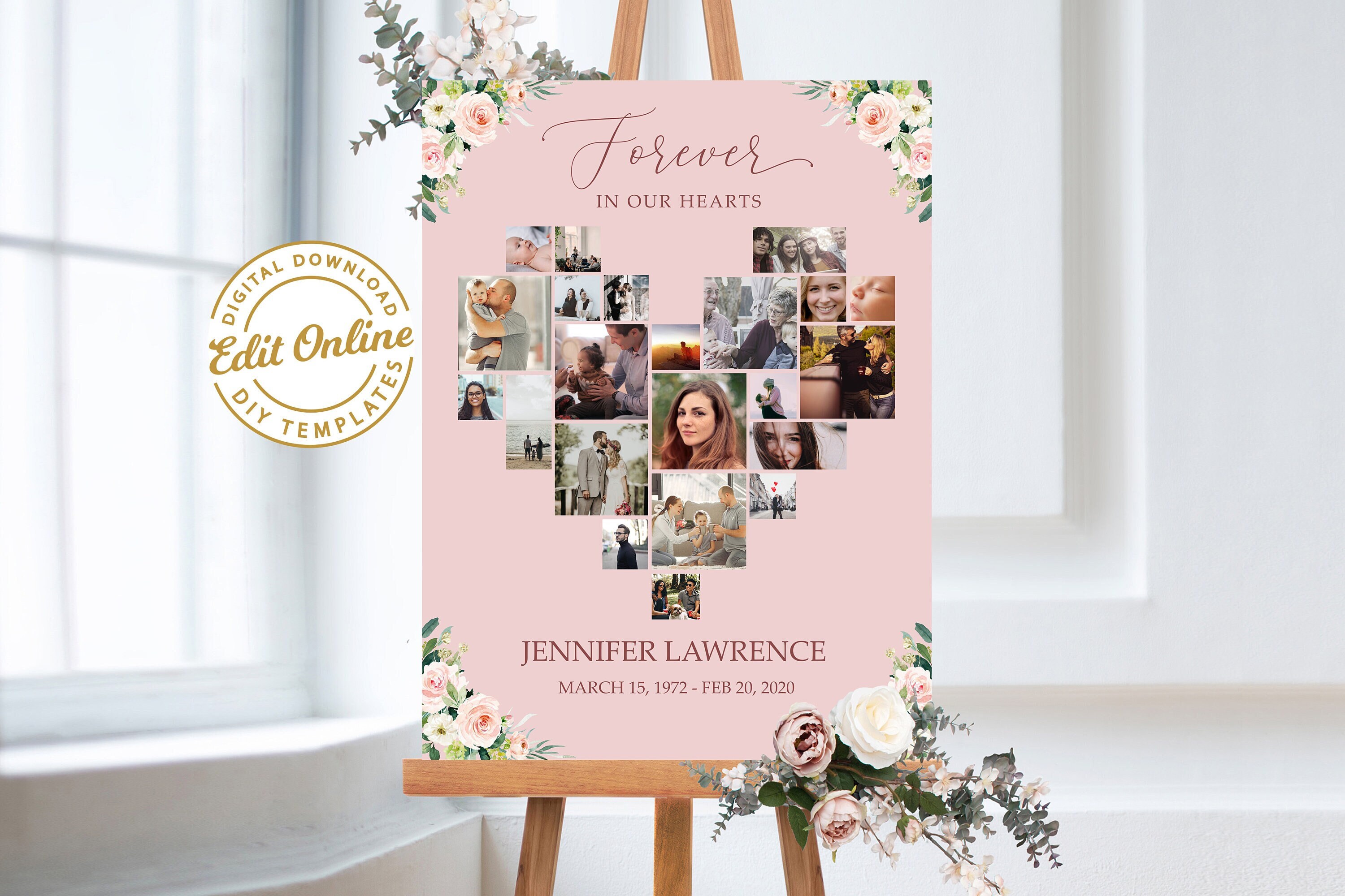Photo Collage Funeral Welcome Sign, Pink Heart Photo Collage Template ...