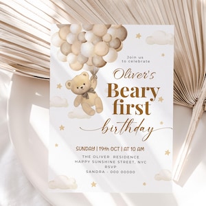 Editable Beary First Birthday Invitation, 1st Birthday Teddy Bear ...