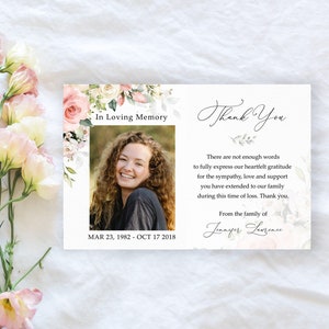 F21 Funeral Thank You Card Template, Pink Blush Rose Flower Greenery ...