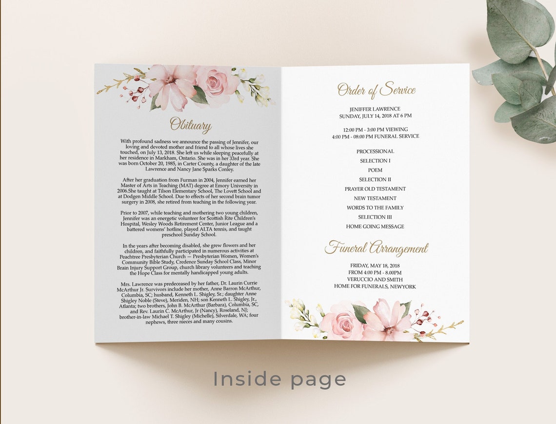 Editable Pink Rose Floral Funeral Program Template in Loving Memory of ...