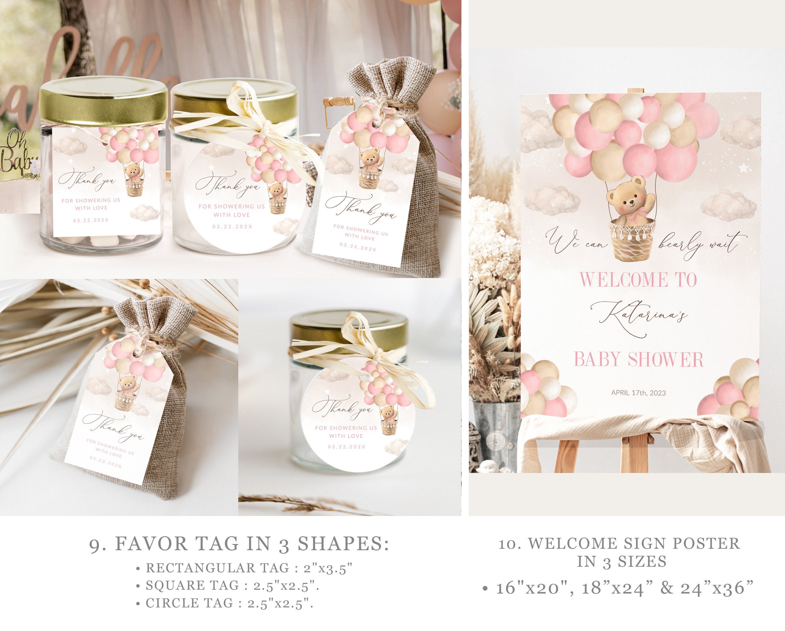 Pink Bear Baby Shower Bundle Air Balloon Invitation Bundle Pink Girl ...