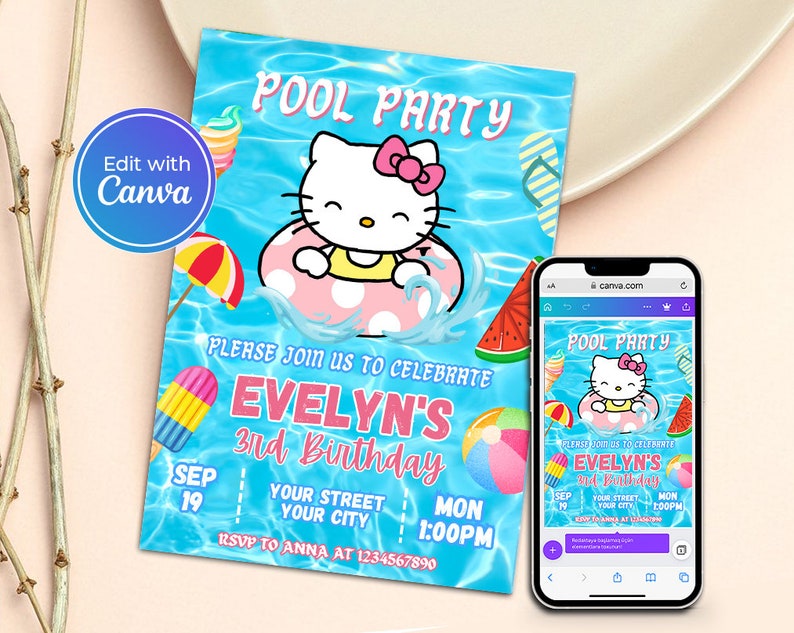 Kitty Pool Hello Birthday Bash Invitation Gradient Pink Kawaii Summer ...