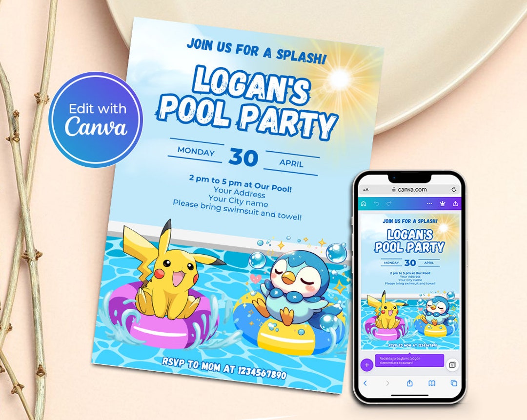 Pokémon Pool Party Invitation Pikachu Pool Party Invite Canva Template ...