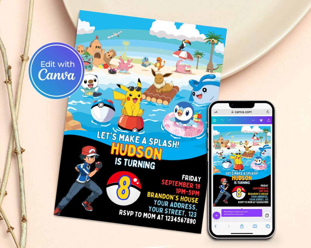 Pokémon Pool Party Invitation Pikachu Pool Party Invite Canva Template ...
