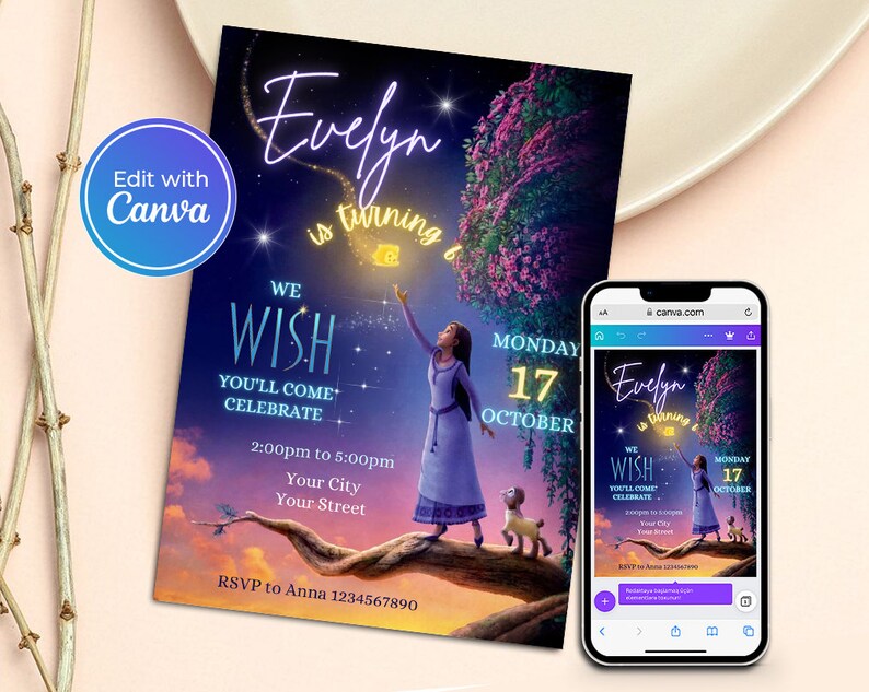 Editable Wish Birthday Party Invitation Wish Movie Party Princess Asha ...