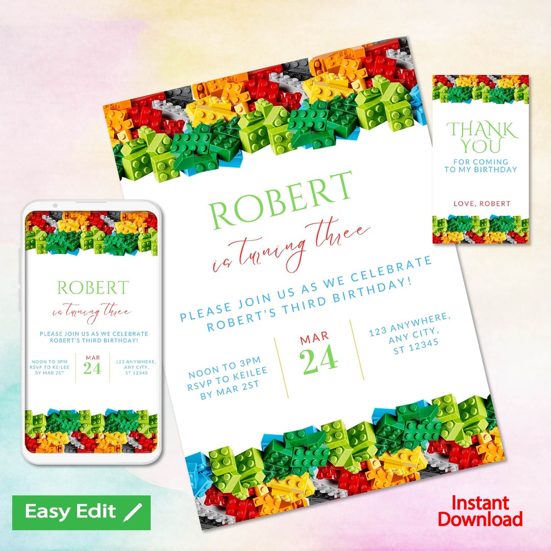 Building Blocks Birthday Invitation Building Bricks Kids Birthday Party ...