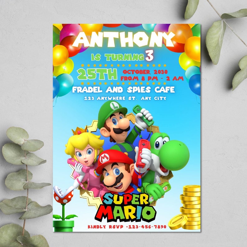 Super Mario Bros Invitation, Super Mario Birthday Invitation, Super ...