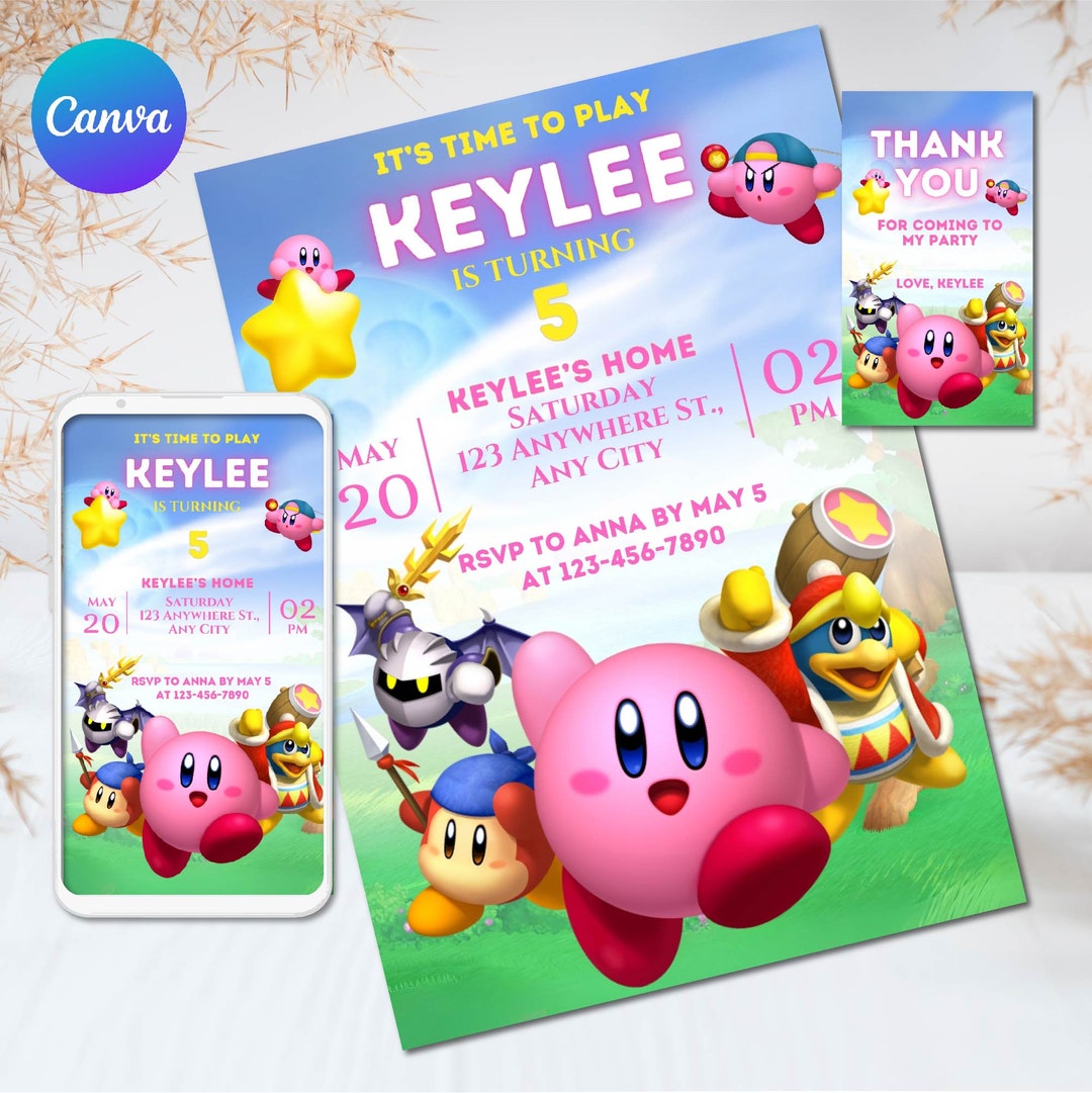 Editable Kirby Birthday Invitation Template Printable Birthday Party Invitations, Kids Party ...