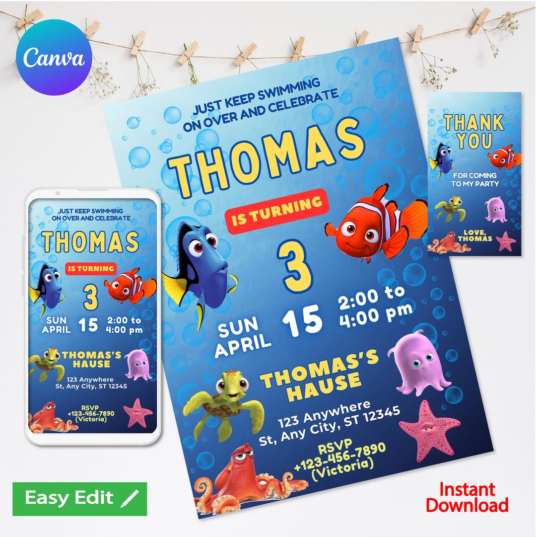 Printable Nemo Birthday Invitation, Dory Invite, Under the Sea Party ...