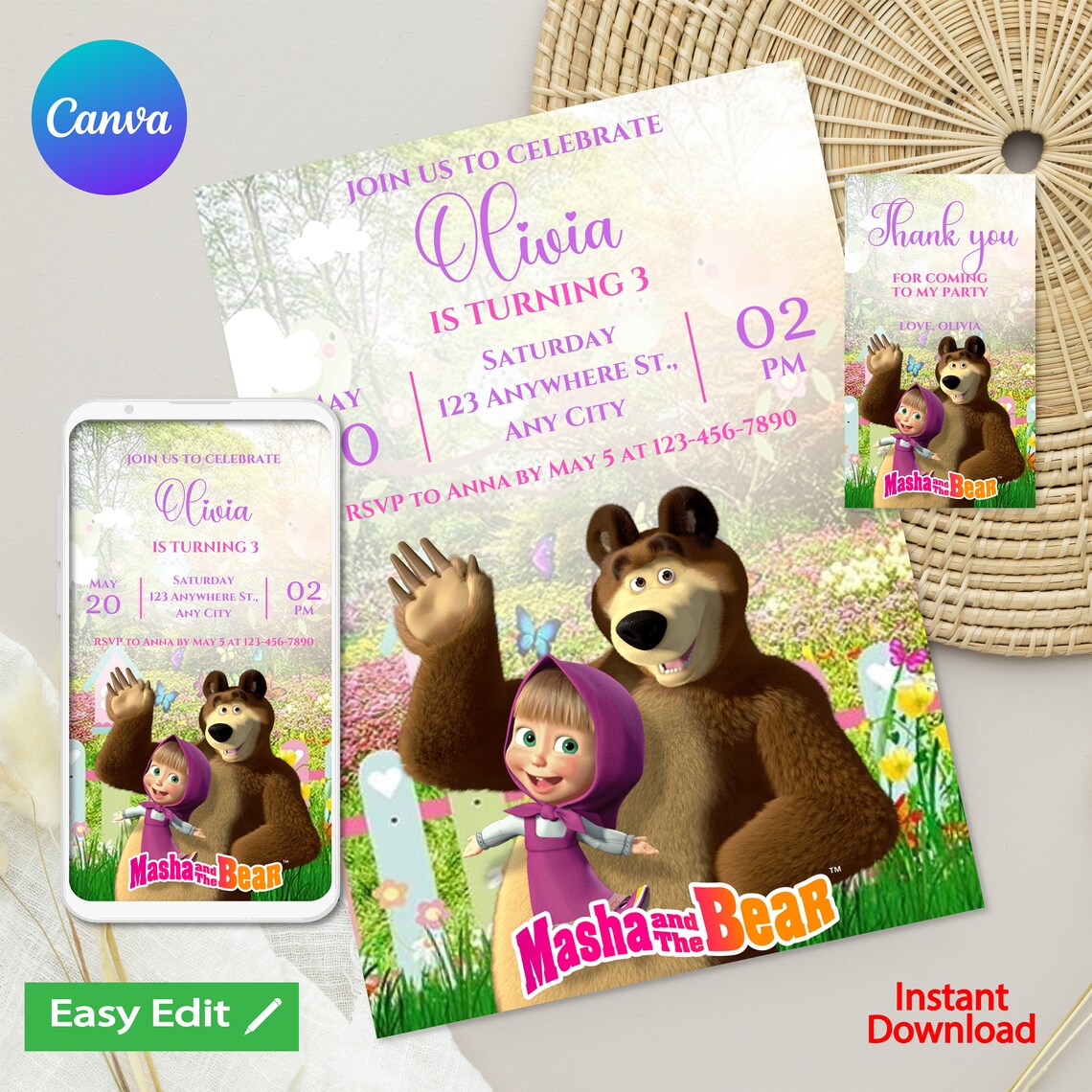 Editable Masha and the Bear Birthday Invitation Template, Printable ...