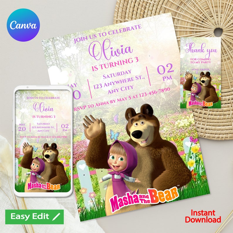 Editable Masha and the Bear Birthday Invitation Template, Printable ...