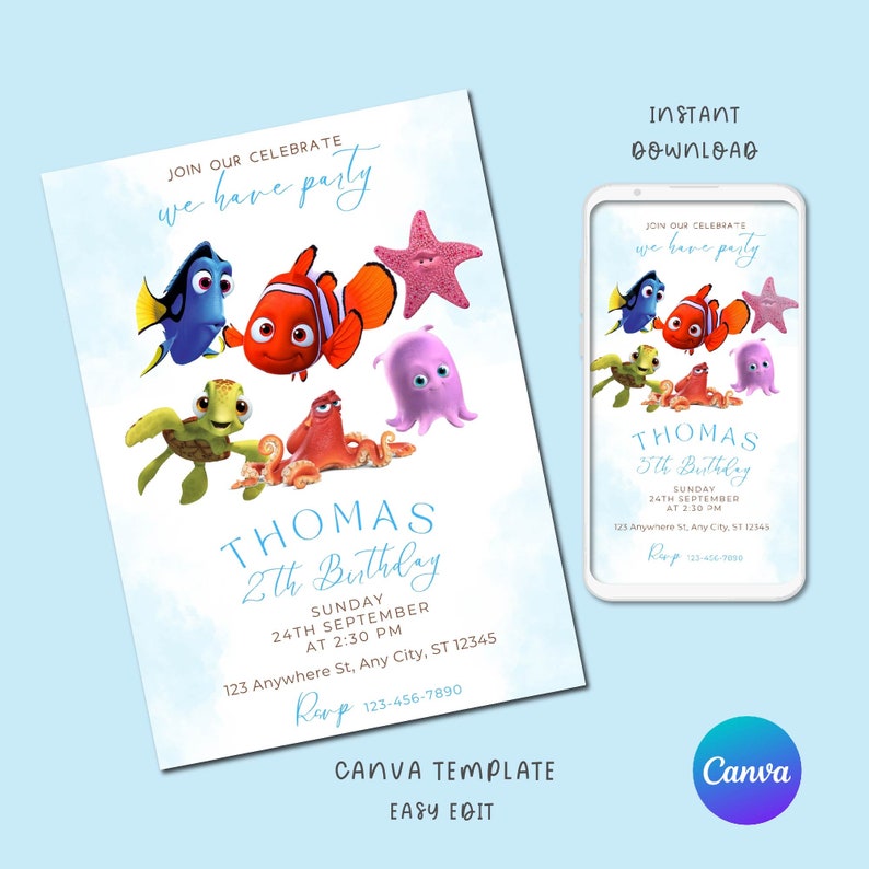 Printable Nemo Birthday Invitation, Dory Invite, Under the Sea Party ...