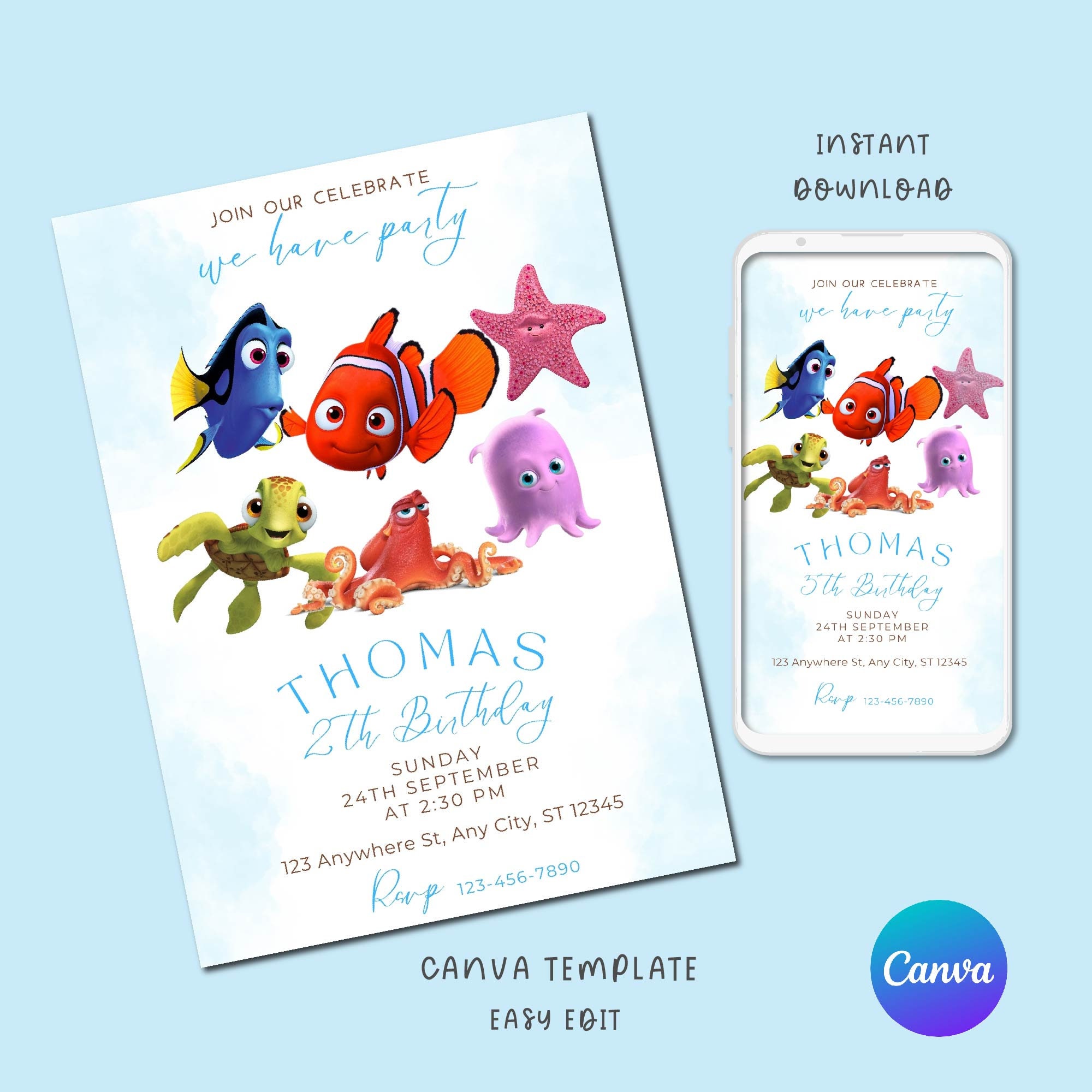 Printable Nemo Birthday Invitation, Dory Invite, Under the Sea Party ...
