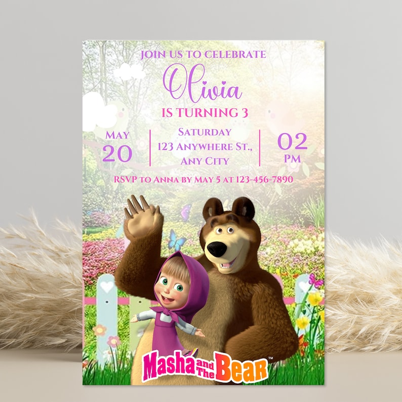 Editable Masha and the Bear Birthday Invitation Template, Printable ...
