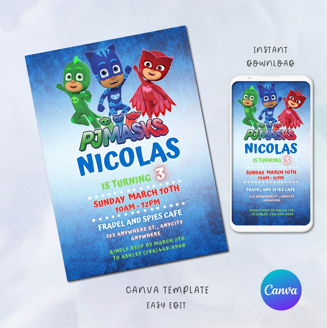 PJM Birthday Invitation Pj Masks Kids Invitation Digital PJM Party ...