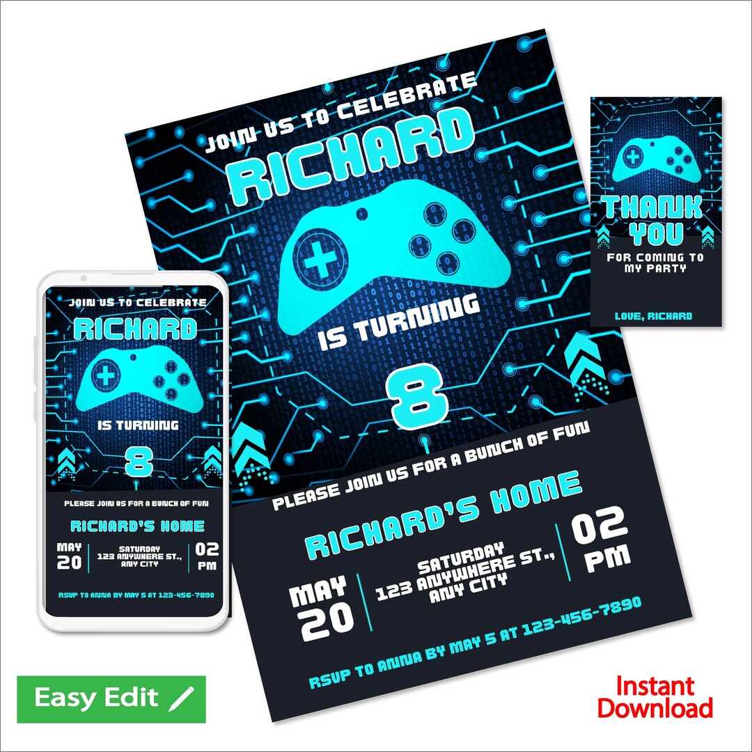 Video Game Birthday Invitation Template, Video Game Invitation, Neon ...