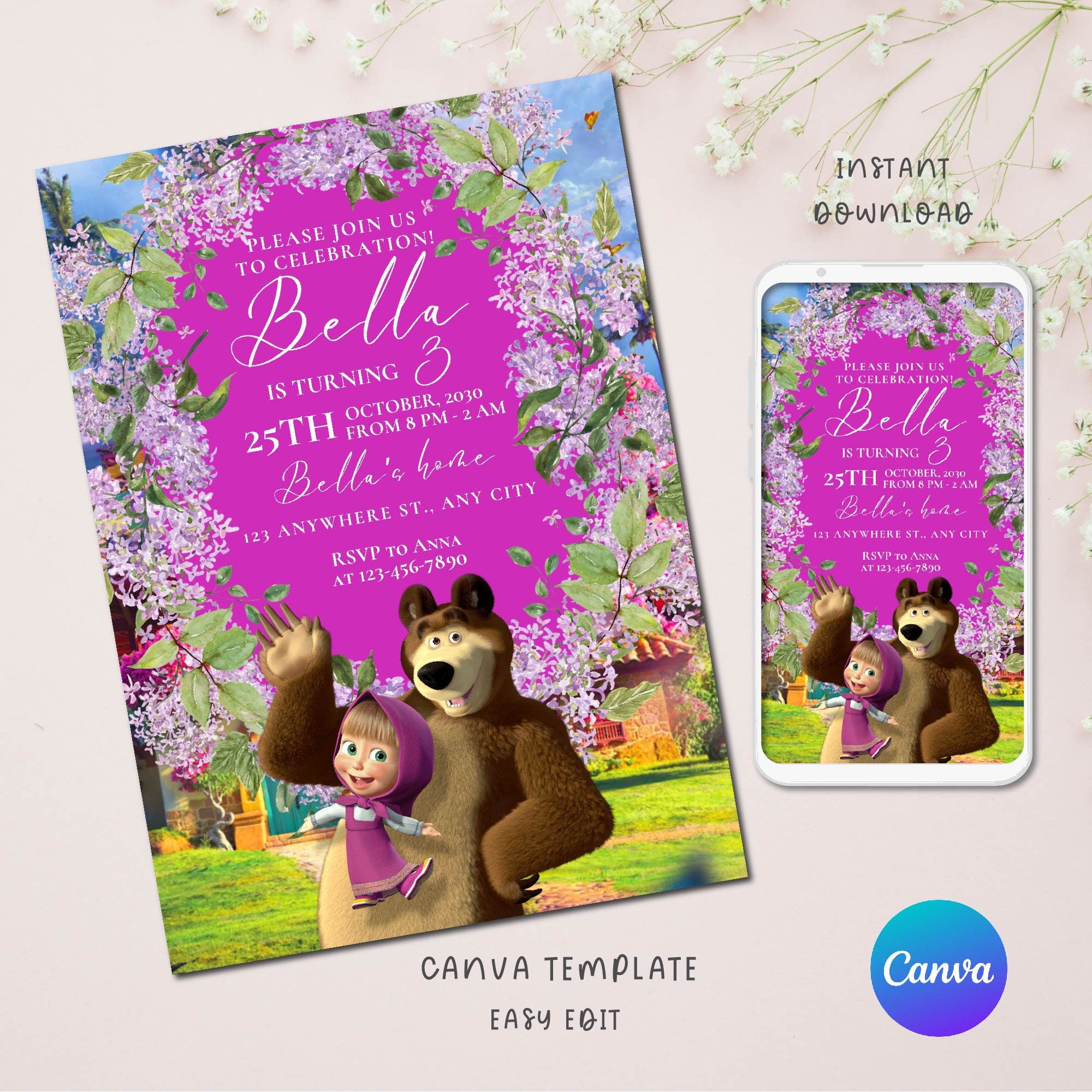 Editable Masha and the Bear Birthday Invitation Template, Printable ...