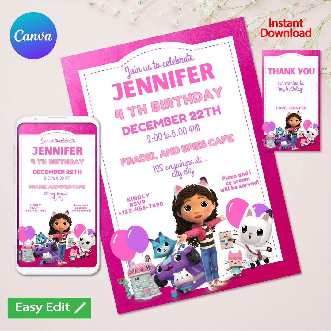 Editable Gabby's Dollhouse Birthday Invitation Template, Printable ...