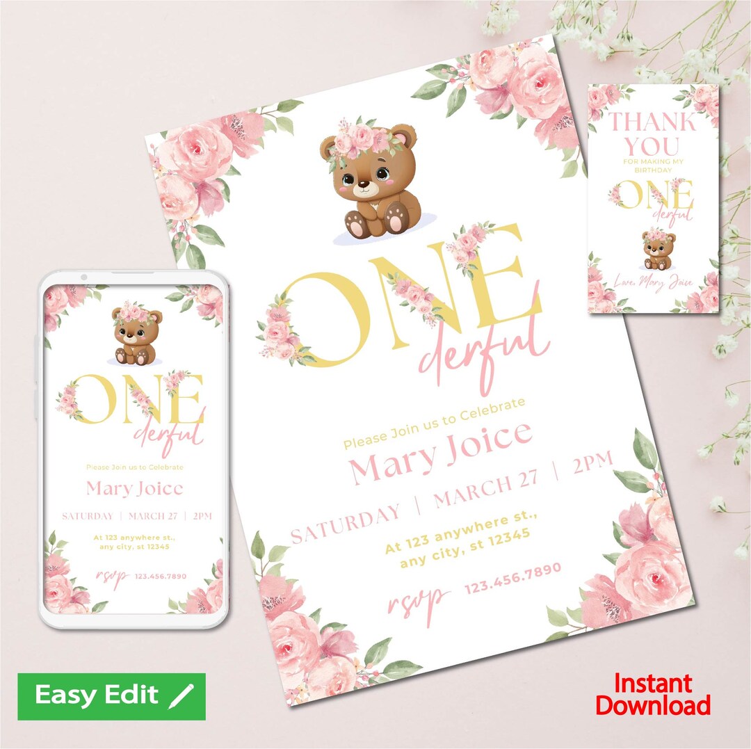 Editable Teddy Bear Birthday Invitation, Pink Floral Printable, 1 St ...