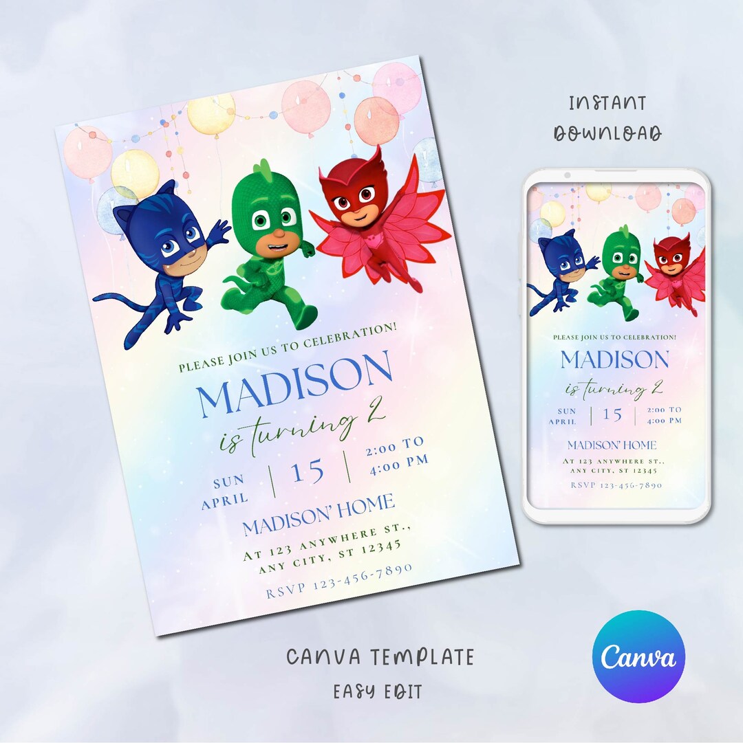 PJM Birthday Invitation Pj Masks Kids Invitation Digital PJM Party ...