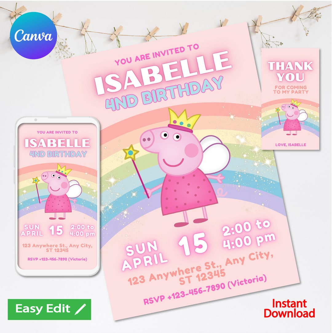 Peppa Pig Birthday Invitation, Peppa Pig Evite, Editable Peppa Pig ...