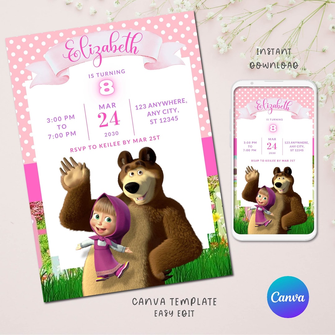 Editable Masha and the Bear Birthday Invitation Template, Printable ...
