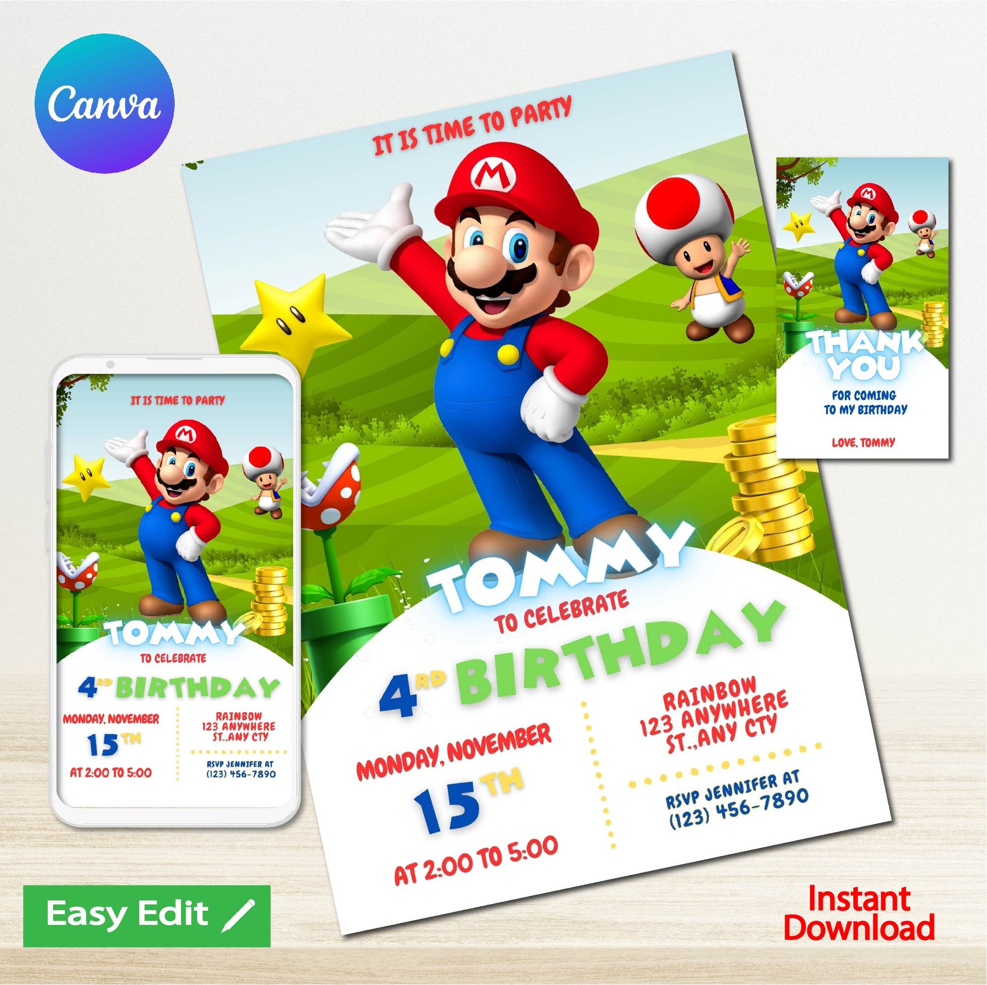 Super Mario Bros Invitation, Super Mario Birthday Invitation, Super ...