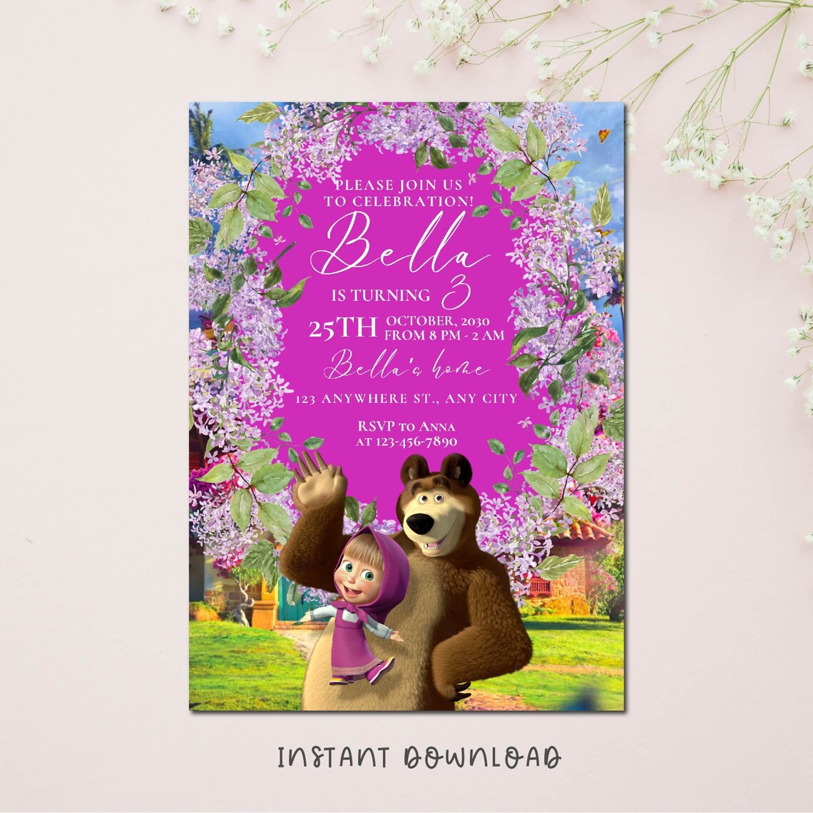 Editable Masha and the Bear Birthday Invitation Template, Printable ...