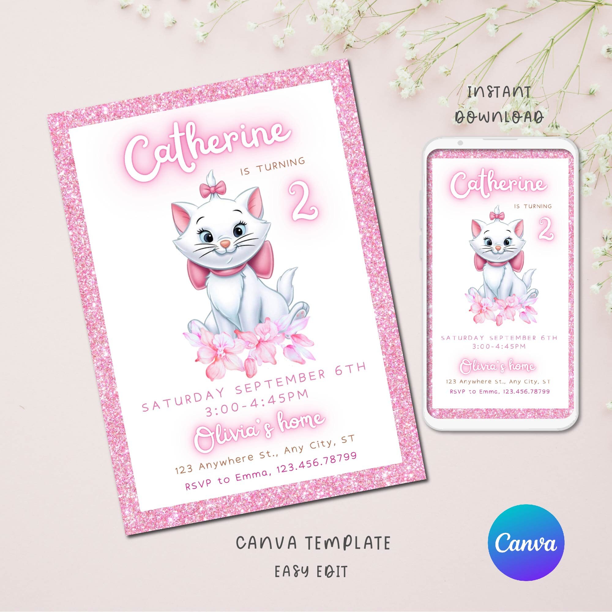 Marie & Aristocats Printable Invitation, Marie Aristocats Invite, Marie ...