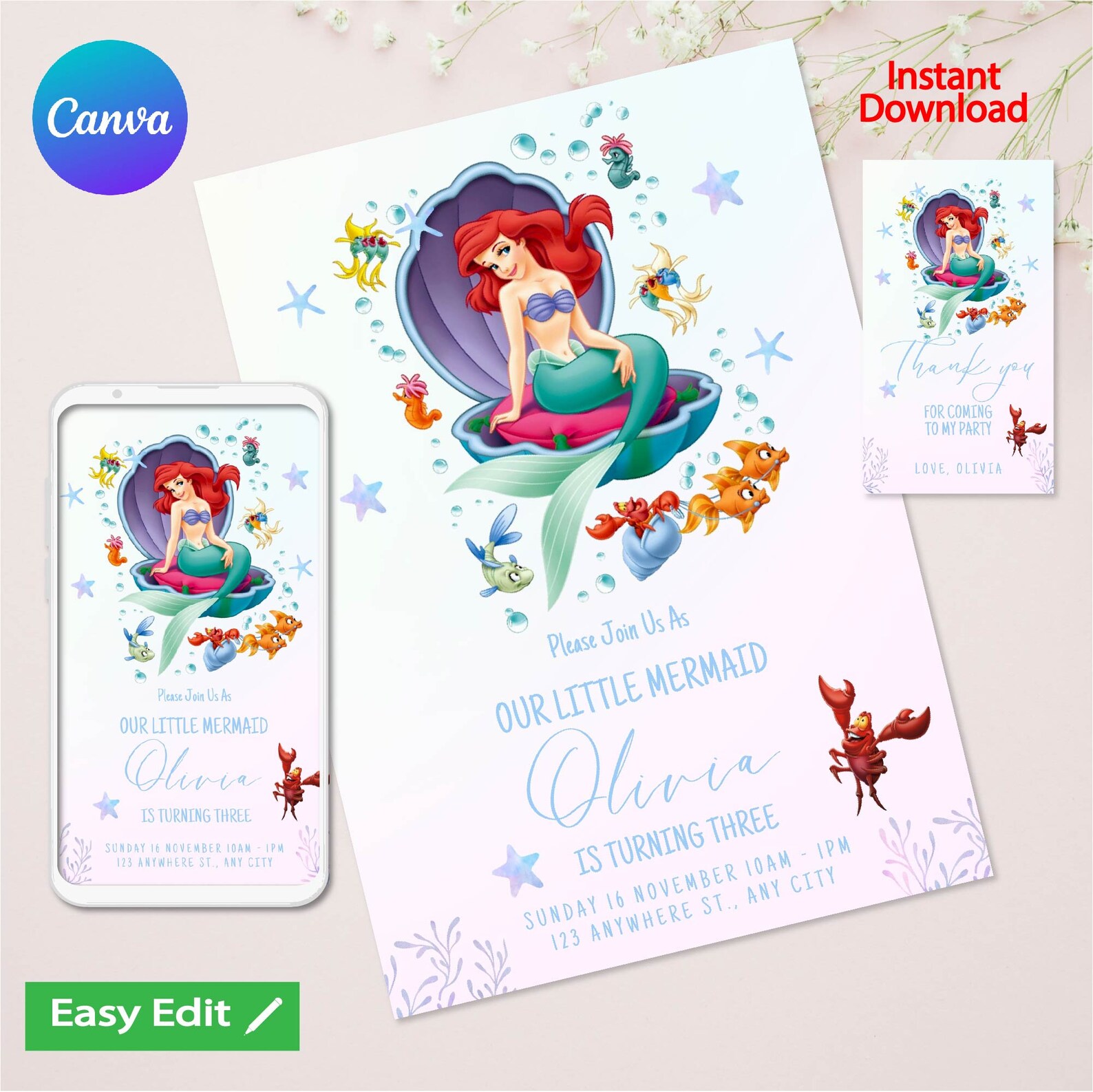 Editable Little Mermaid Ariel Birthday Invitation, Little Mermaid ...