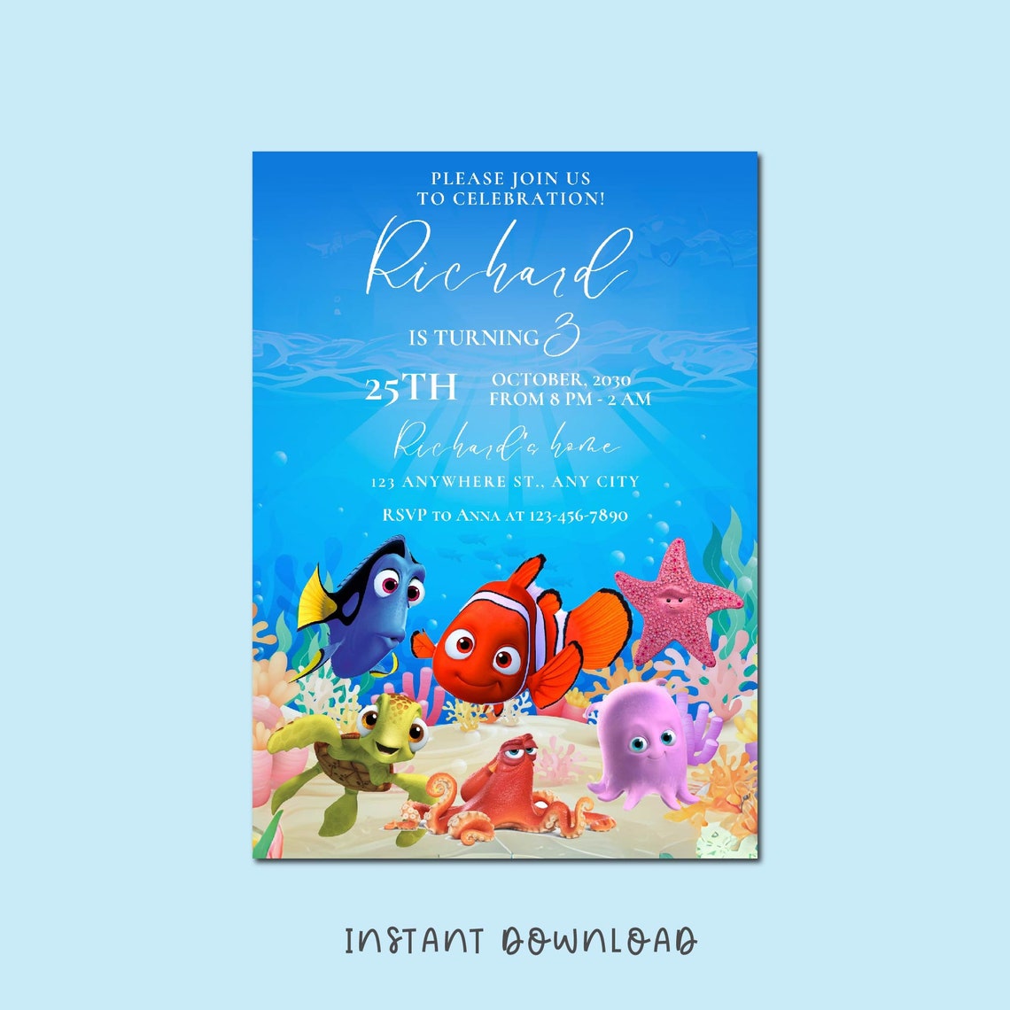 Printable Nemo Birthday Invitation, Dory Invite, Under the Sea Party ...