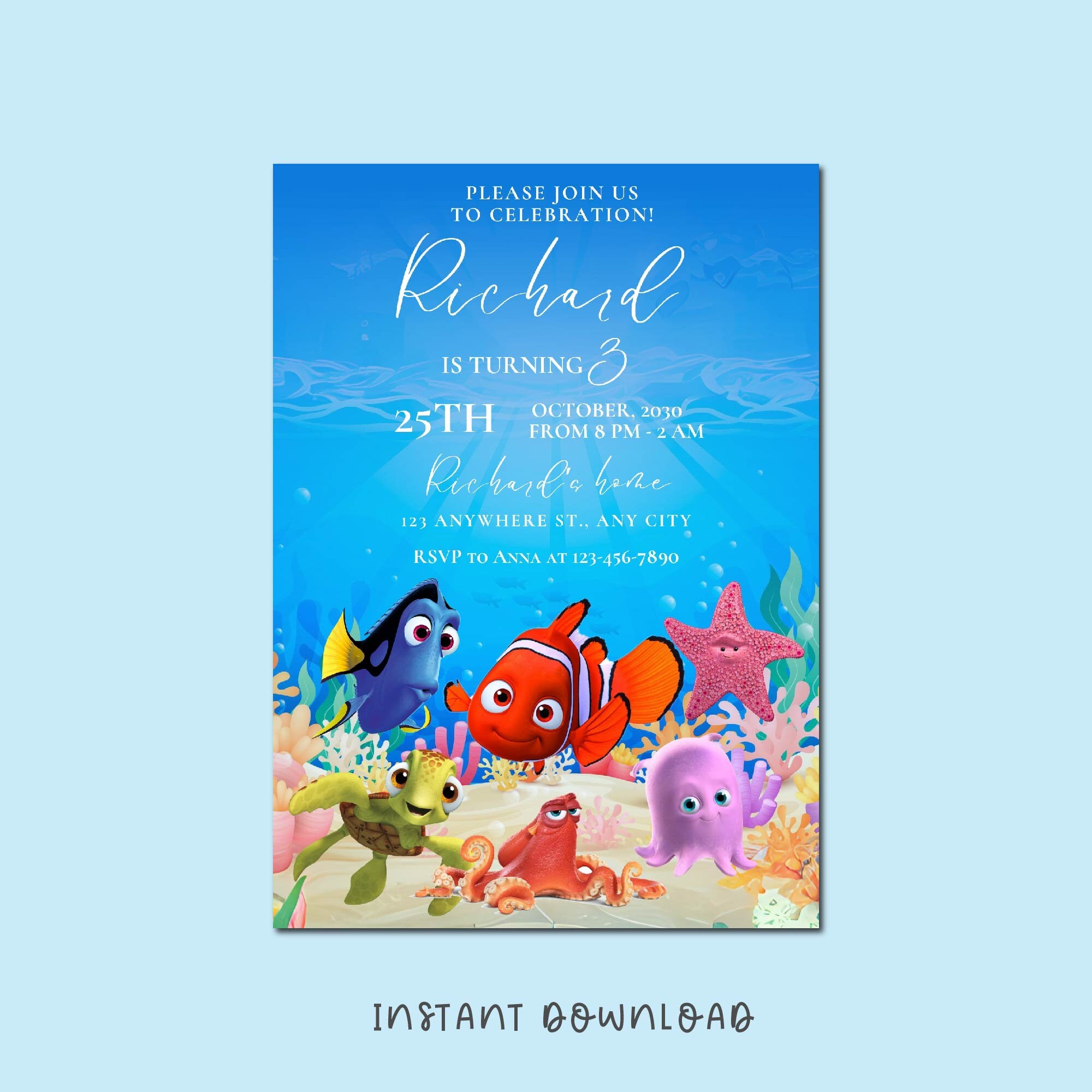 Printable Nemo Birthday Invitation, Dory Invite, Under the Sea Party ...