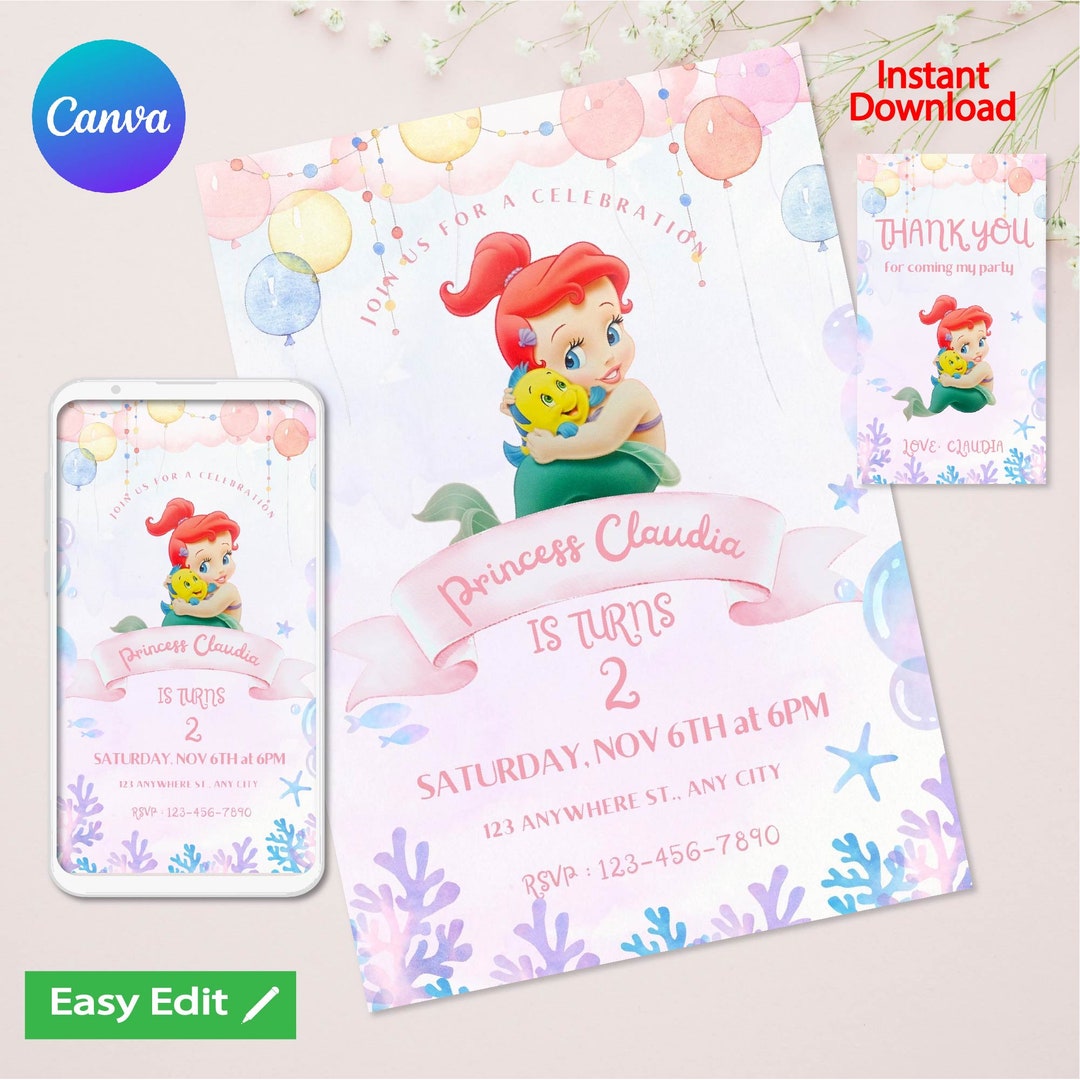 Editable Little Mermaid Ariel Birthday Invitation, Little Mermaid ...