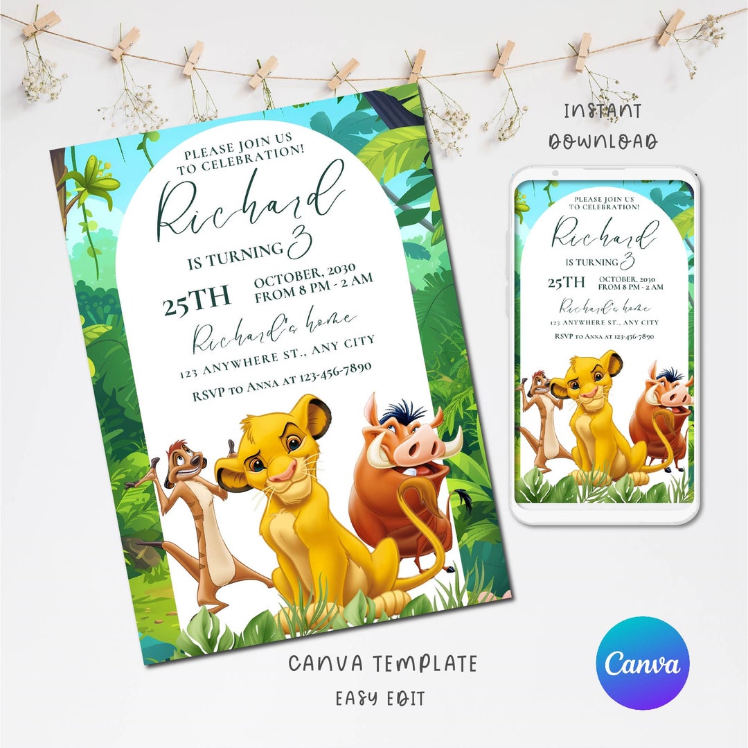 Lion King Birthday Invitation Boy Simba Timon Pumba Jungle Animals ...