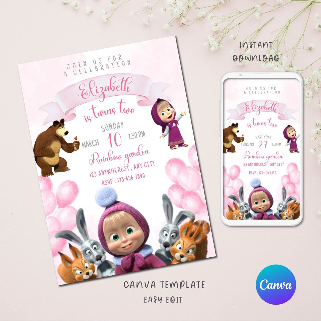 Editable Masha and the Bear Birthday Invitation Template, Printable ...
