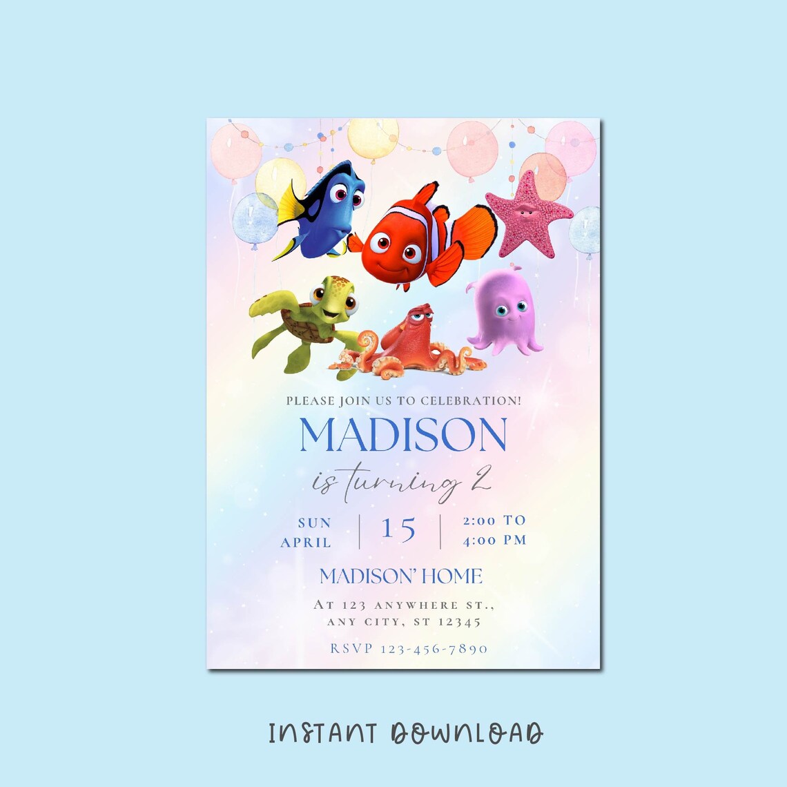 Printable Nemo Birthday Invitation, Dory Invite, Under the Sea Party ...