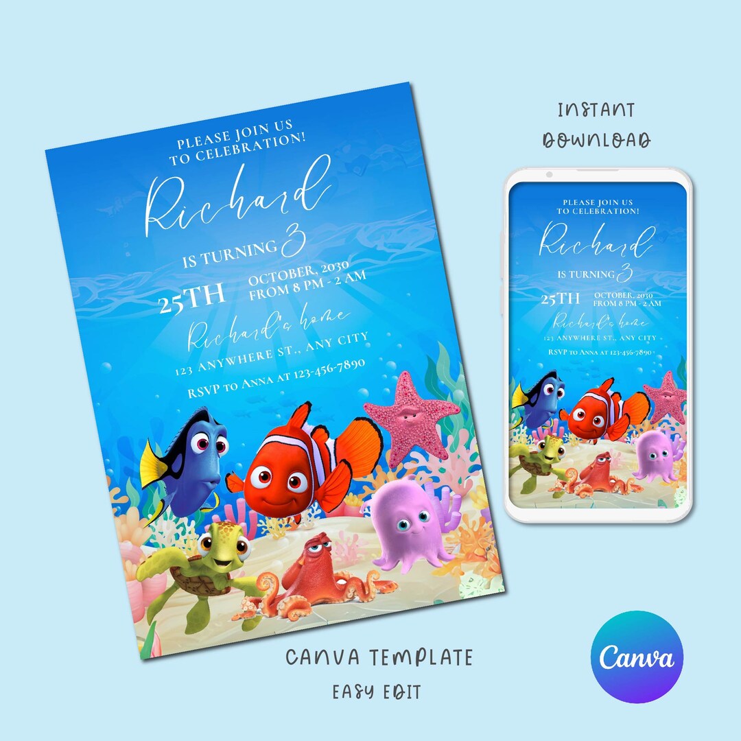 Printable Nemo Birthday Invitation, Dory Invite, Under the Sea Party ...