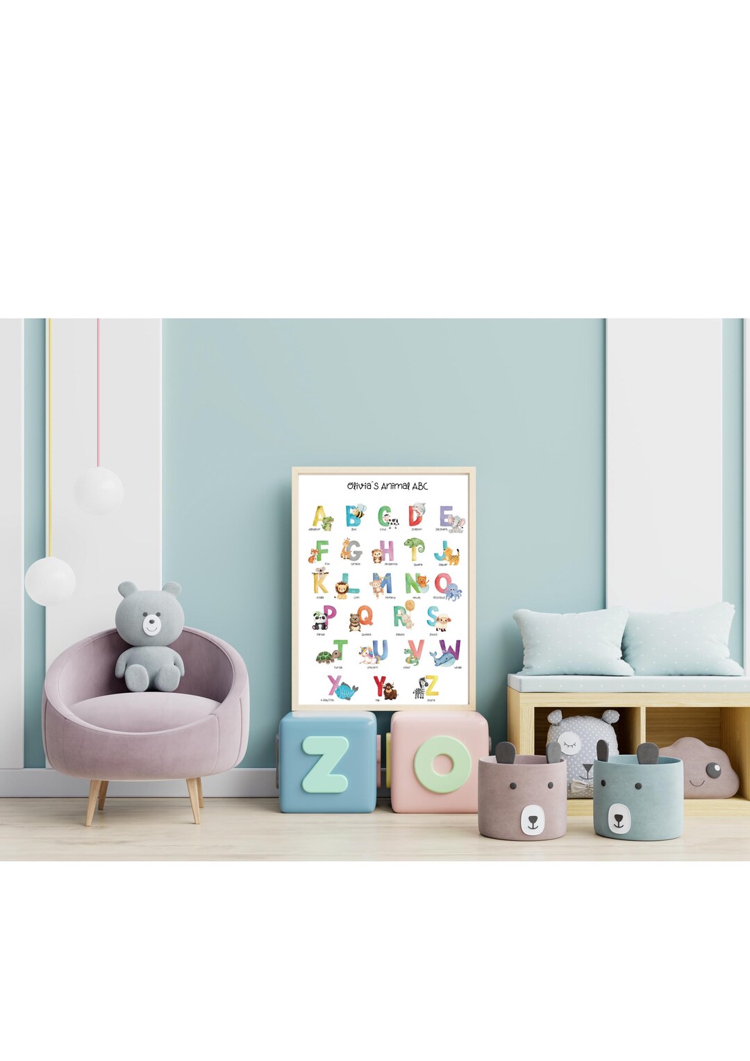 Animal ABC Poster in Pastel– A–Z Alphabet Learning Art Print for Kids ...