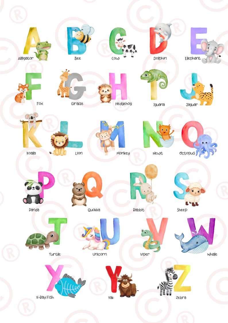 Animal ABC Poster in Pastel– A–Z Alphabet Learning Art Print for Kids ...