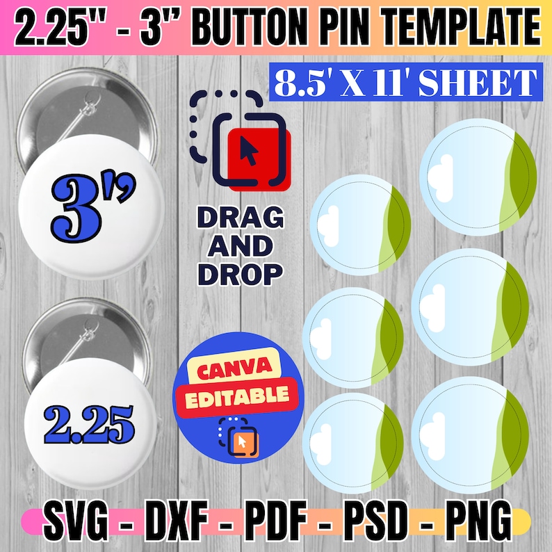 3 Button Pin Template, 2.25 Button Pin Template, Button Pin Svg, Button ...