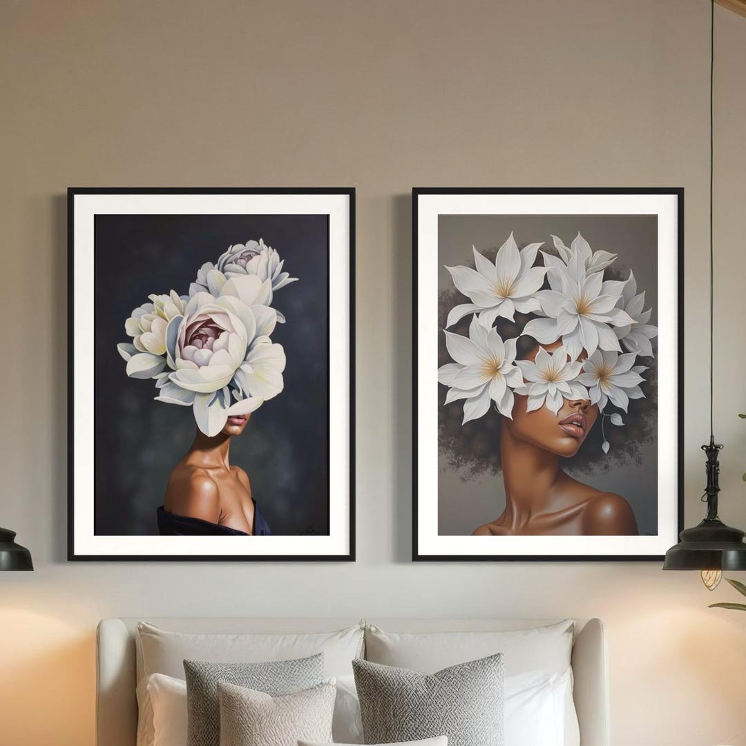 2 Set Bundle, Black Art, Woman Printable Wall Art | DIGITAL DOWNLOAD | Floral Wall Art | Black ...