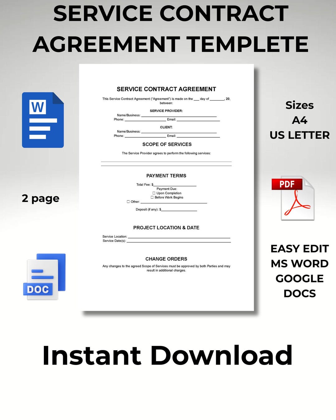 Simple Service Contract Agreement Template | Editable Business Form ...