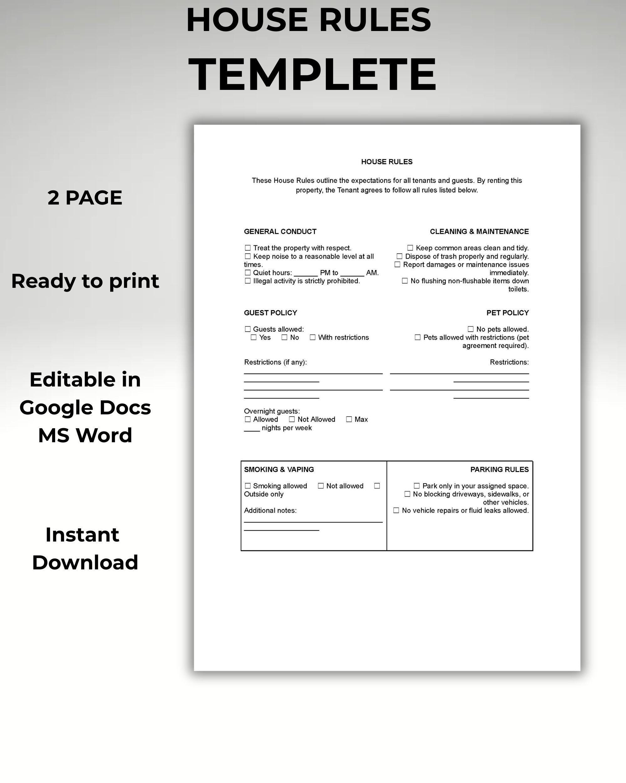 House Rules Sheet | Rental Rules Template | Editable PDF & Docs - Etsy