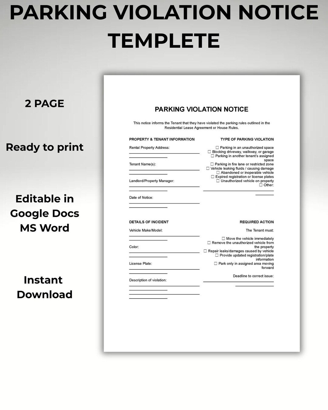 Parking Violation Notice | Tenant Violation Form | Editable Template - Etsy