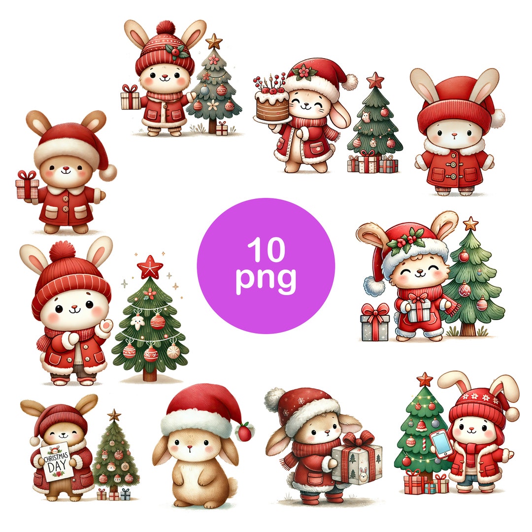 Christmas Bunny Clipart Set - 10 PNG Cute Winter Rabbit Illustrations ...