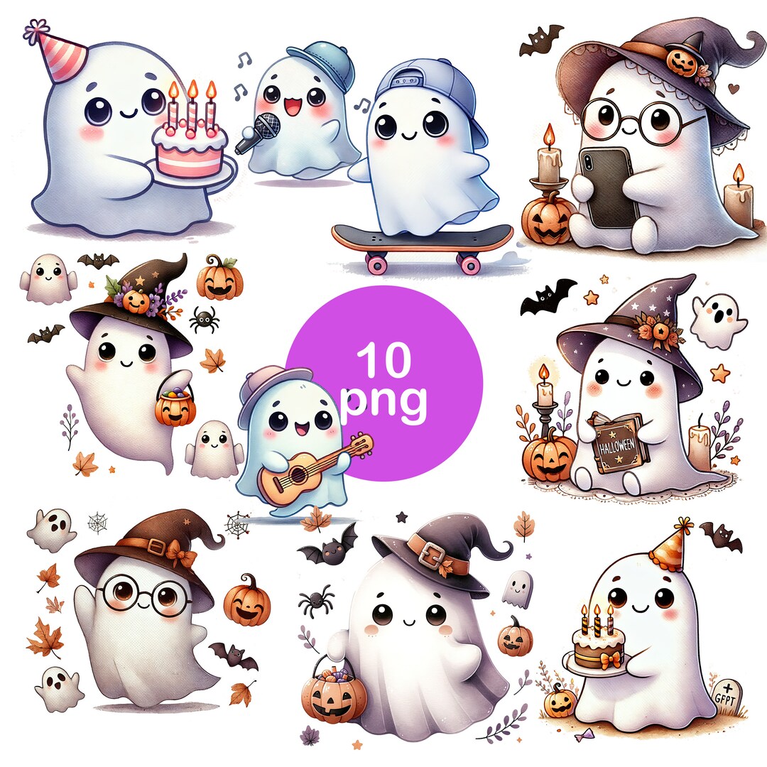 Cute Ghosts Halloween Clipart Bundle 10 PNG Files for Digital ...