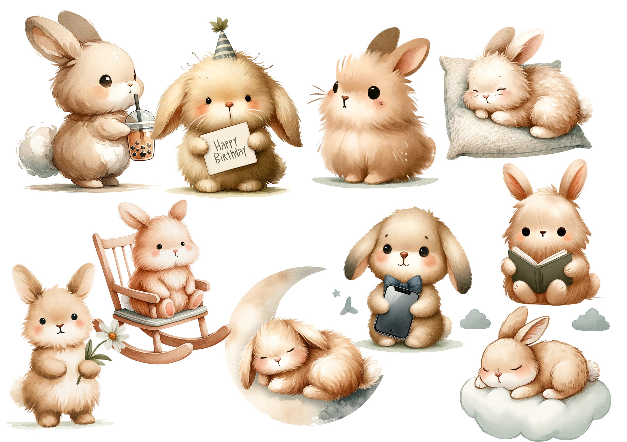 Happy Dirthday Rabbit Clipart, DIGITAL DOWNLOAD, Cute Watercolor, Baby ...